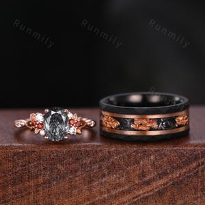 Oval Cut Black Rutilated Quartz Couples Ring Set Rose Gold Matching ...