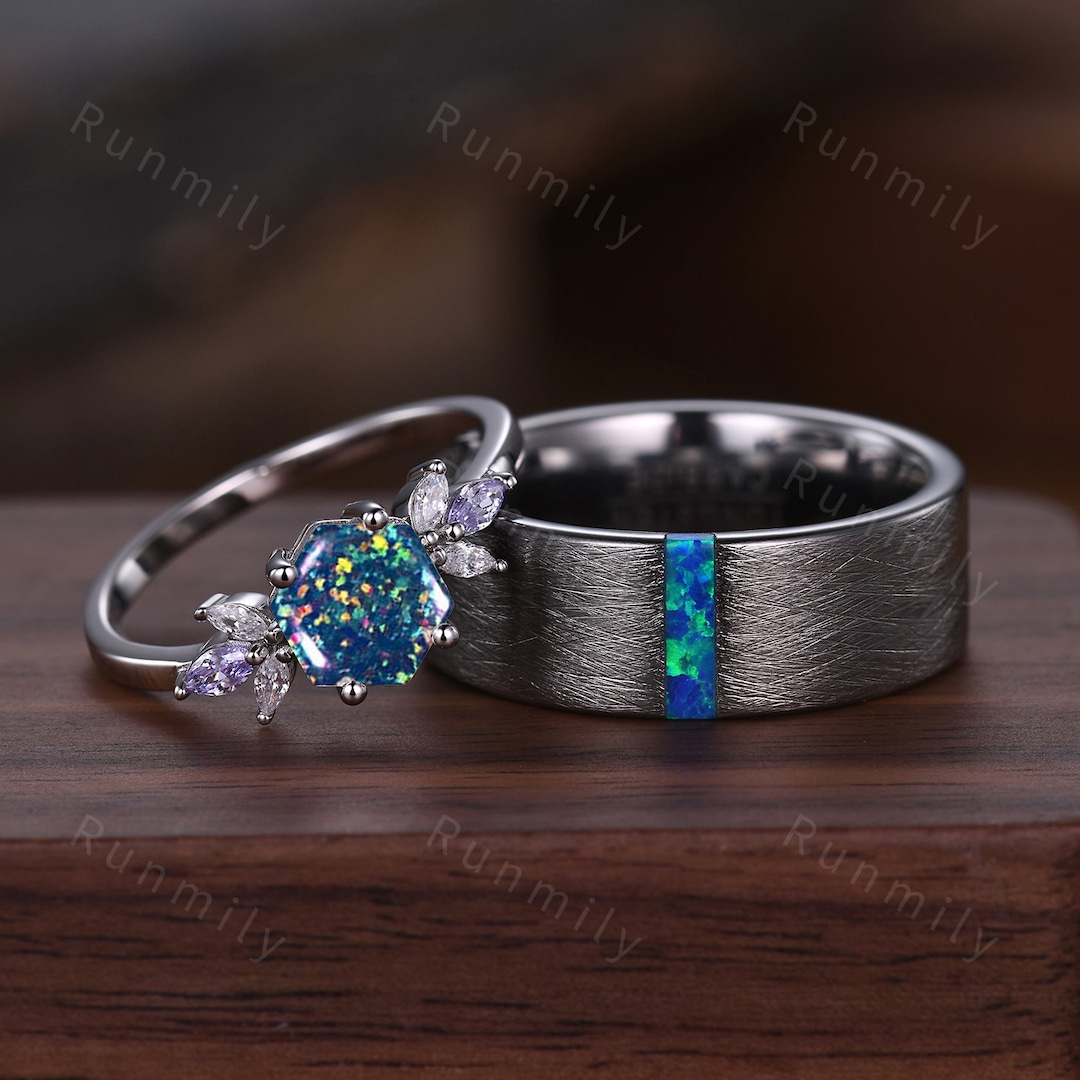 Blue Fire Opal Ring Set for Couples Matching Promise Ring Set His and Hers Wedding Ring Silver ...