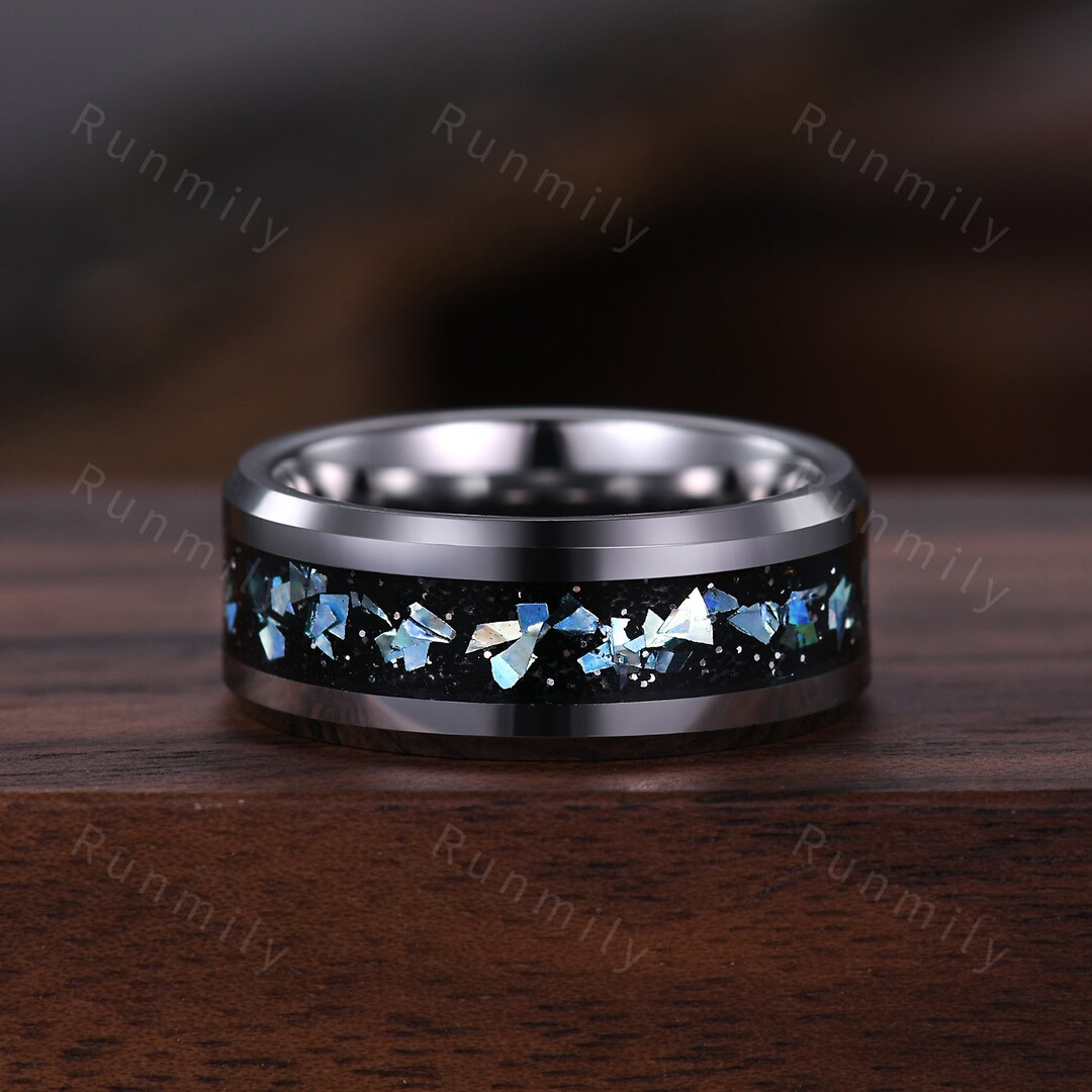 Meteorite and Black Sandstone Wedding Ring, 8mm Mens Tungsten Wedding ...