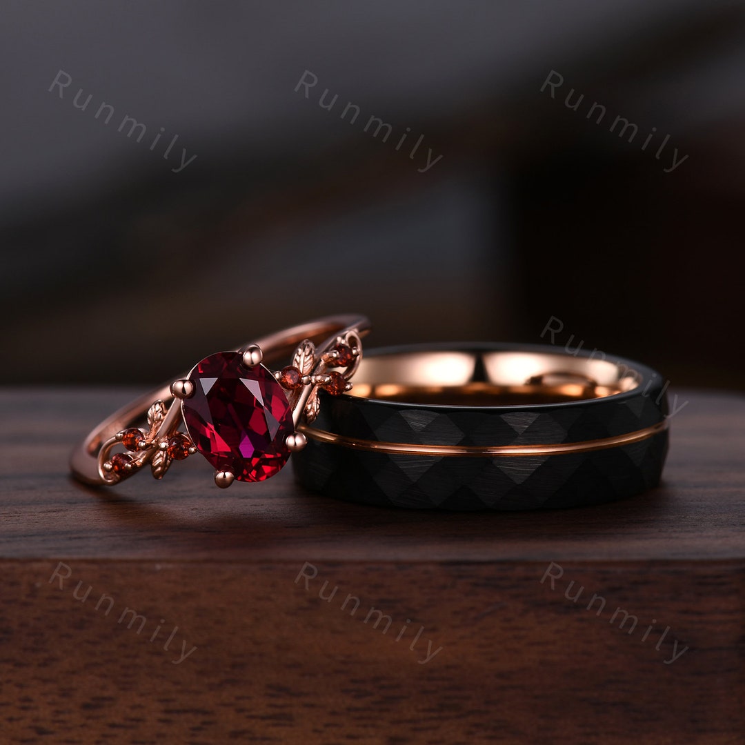 Nature Inspired Ruby Couples Ring Set Rose Gold Matching Promise Ring ...