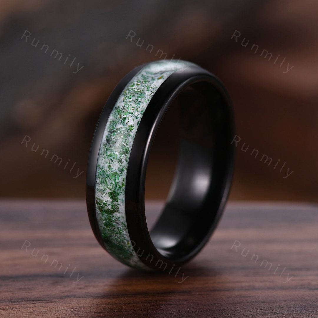 8mm Mens Moss Agate Wedding Ring, Black Tungsten Ring, Green Agate Mens ...