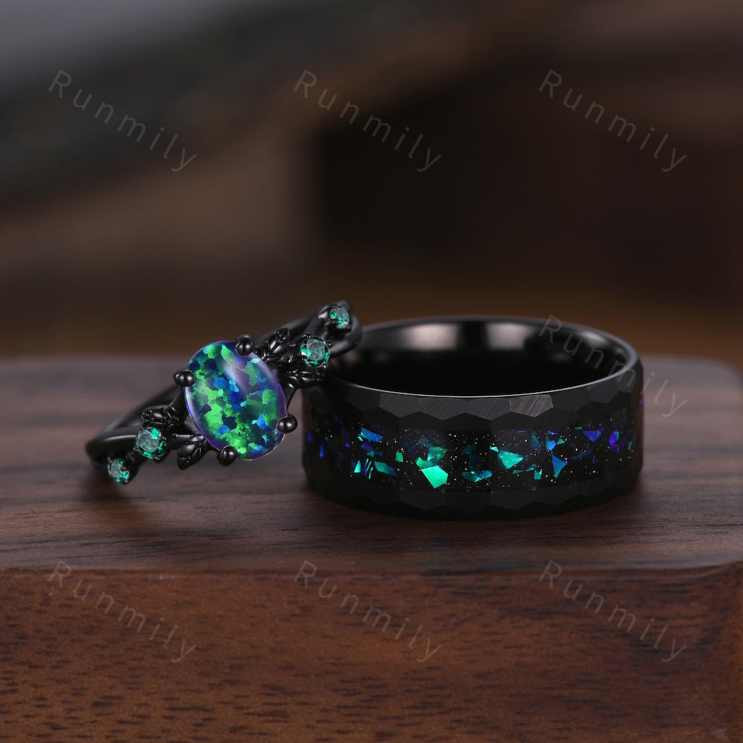 Hammered Blue Opal Wedding Ring Set for Couples His and Her Wedding ...