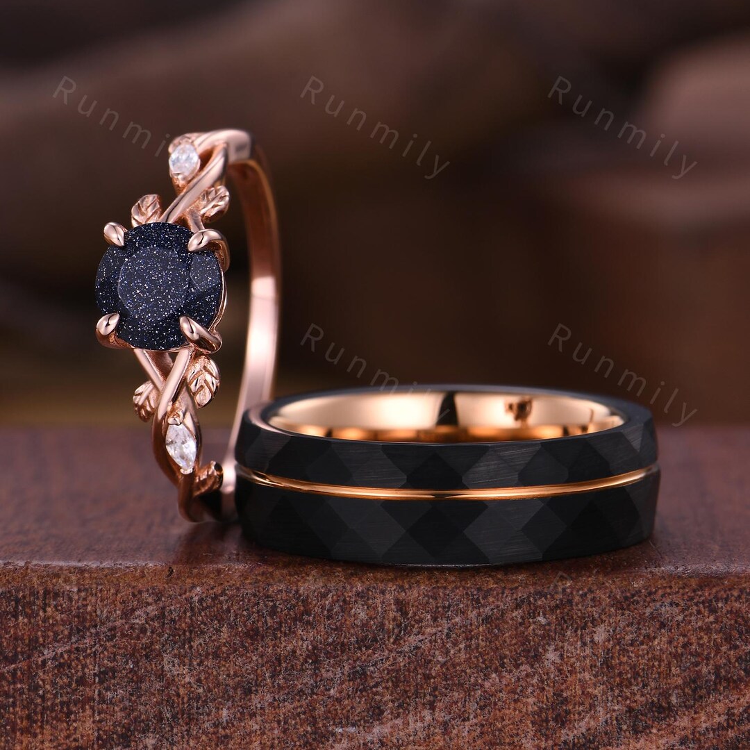 Vintage Blue Sandstone Couples Ring Rose Gold Matching Ring Set His and ...