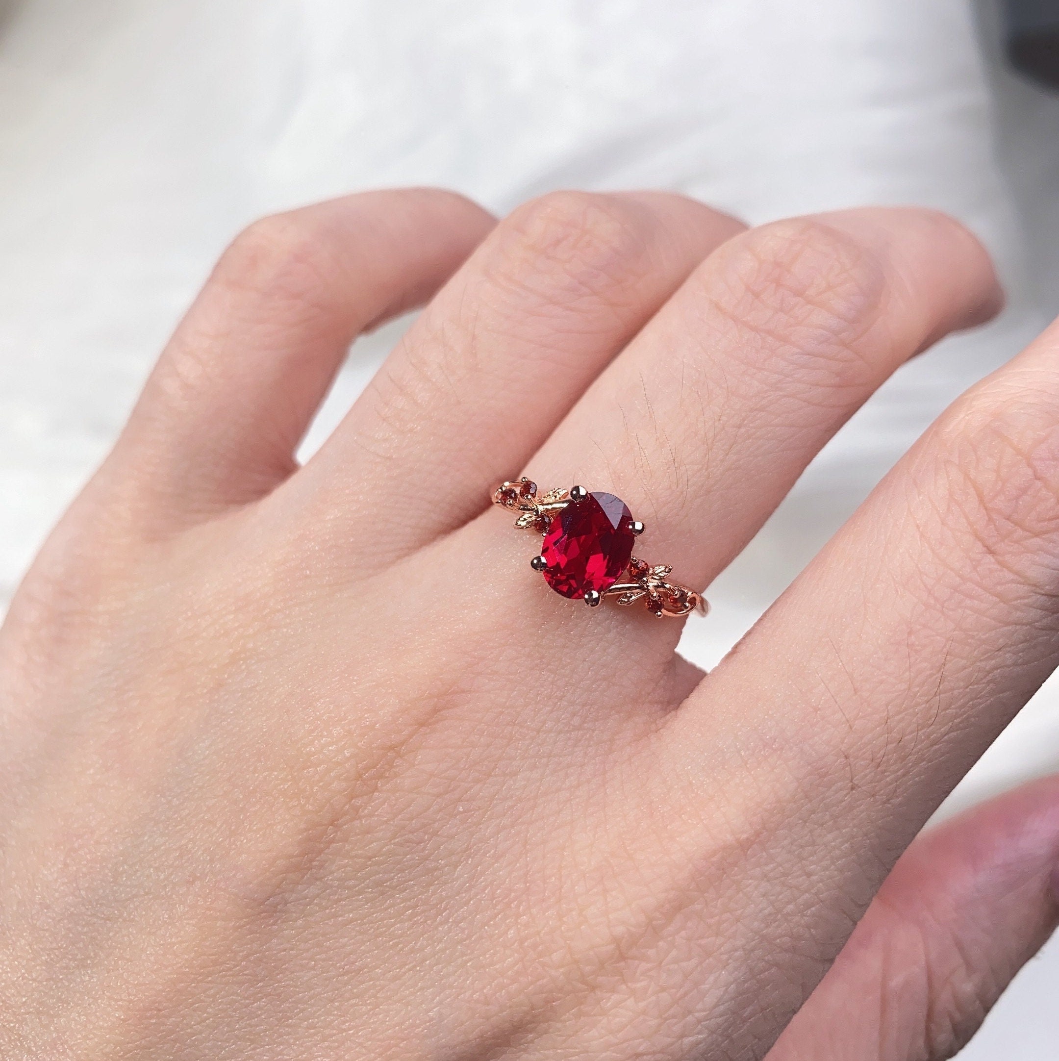 Nature Inspired Ruby Couples Ring Set Rose Gold Matching Promise Ring ...