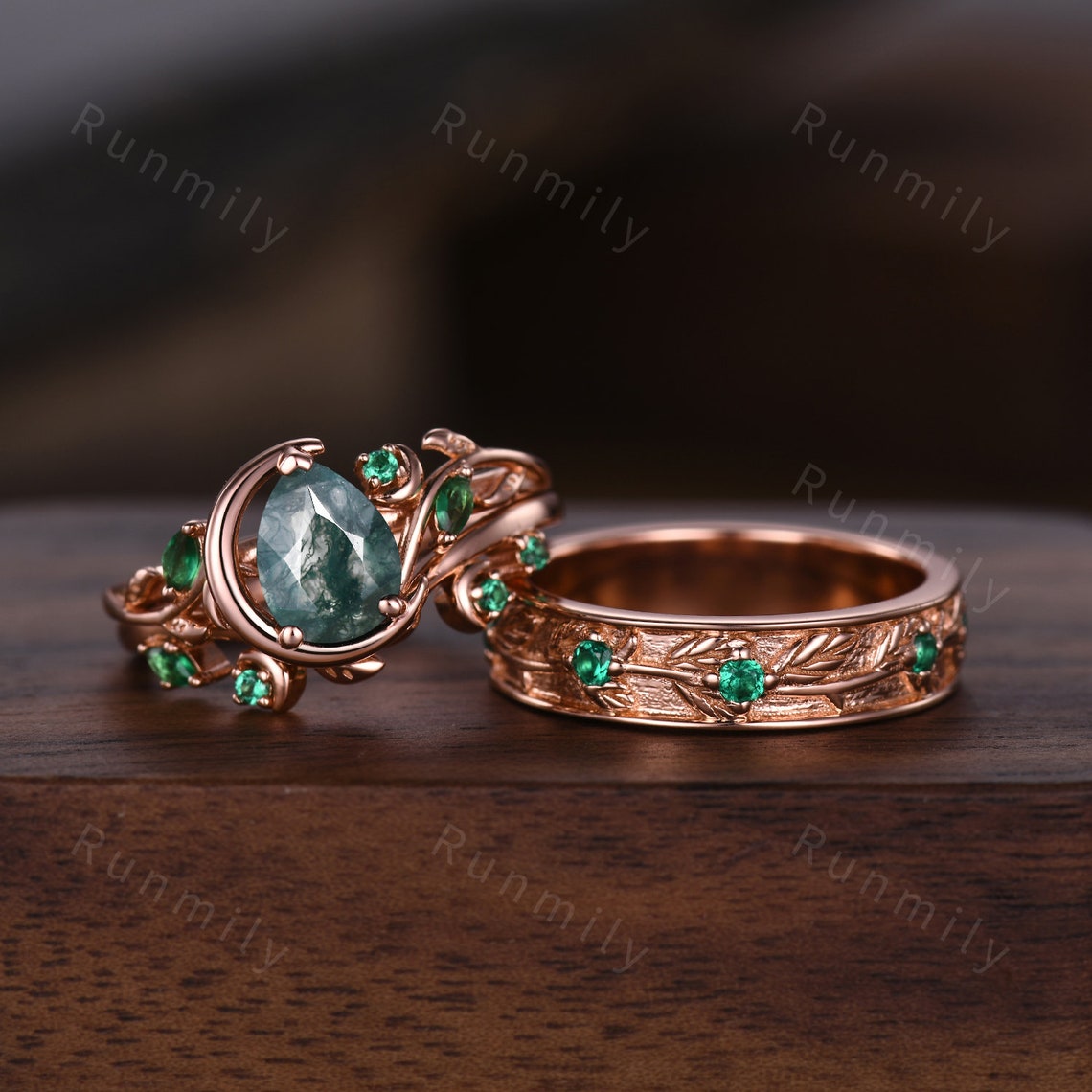Vintage Moon Style Moss Agate Ring Rose Gold Matching Ring Set Mens ...