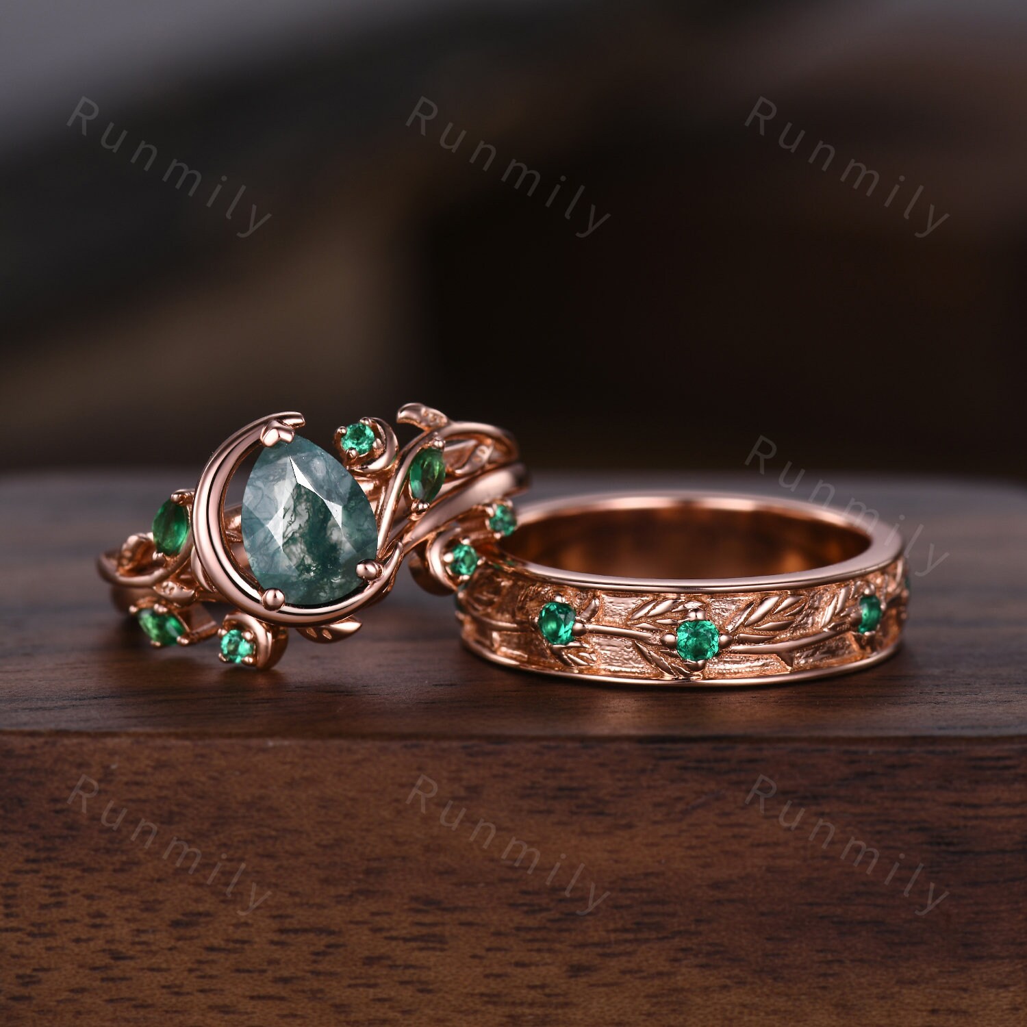 Vintage Moon Style Moss Agate Ring Rose Gold Matching Ring Set Mens ...