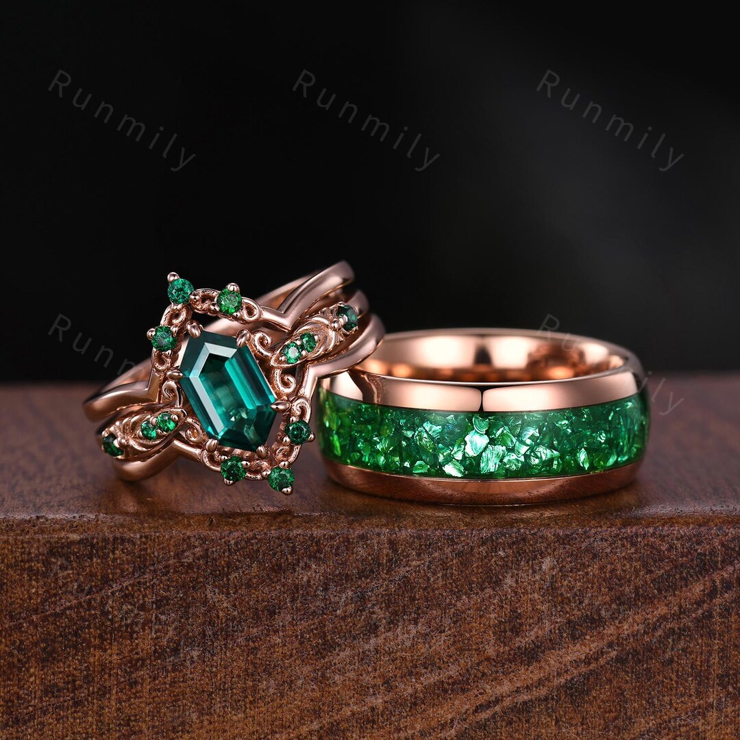 Vintage Green Emerald Couple Ring Set Unique Double Curved Stacking ...