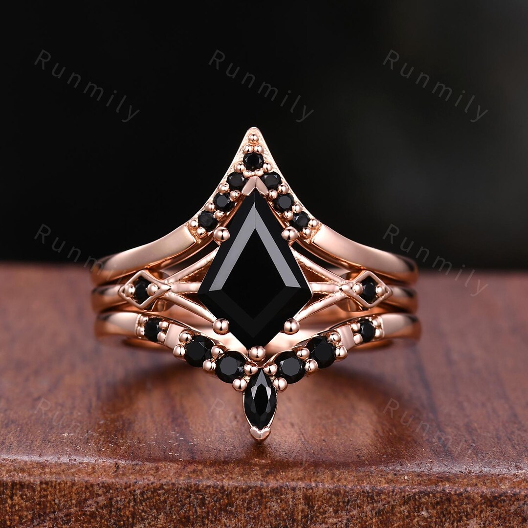 3PCS Kite Cut Black Onyx Engagement Ring Set Rose Gold Black Spinel ...