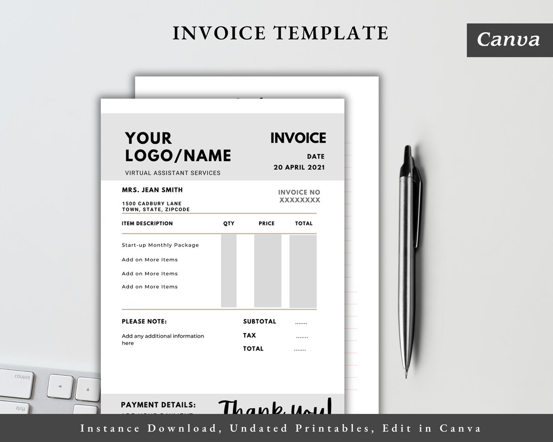 VIRTUAL ASSISTANT Invoice Template, Small Business Templates, Editable ...