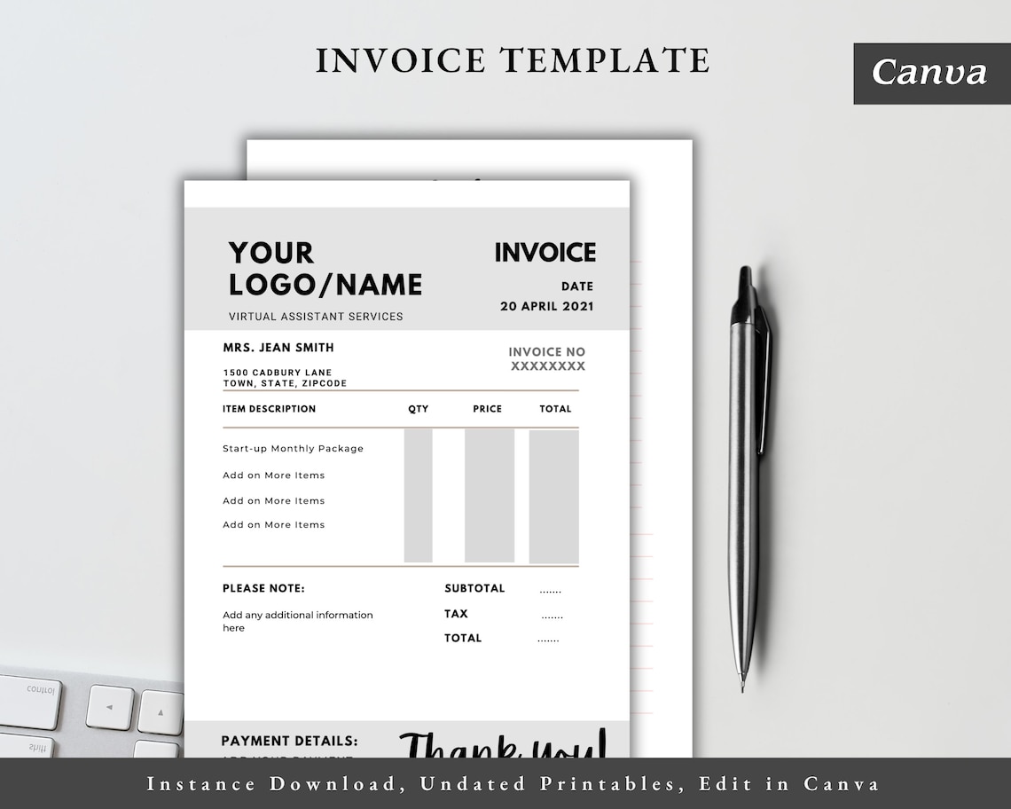 VIRTUAL ASSISTANT Invoice Template, Small Business Templates, Editable ...
