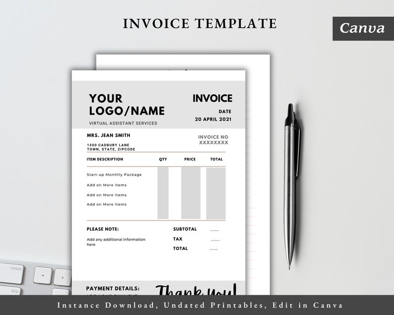 VIRTUAL ASSISTANT Invoice Template, Small Business Templates, Editable ...