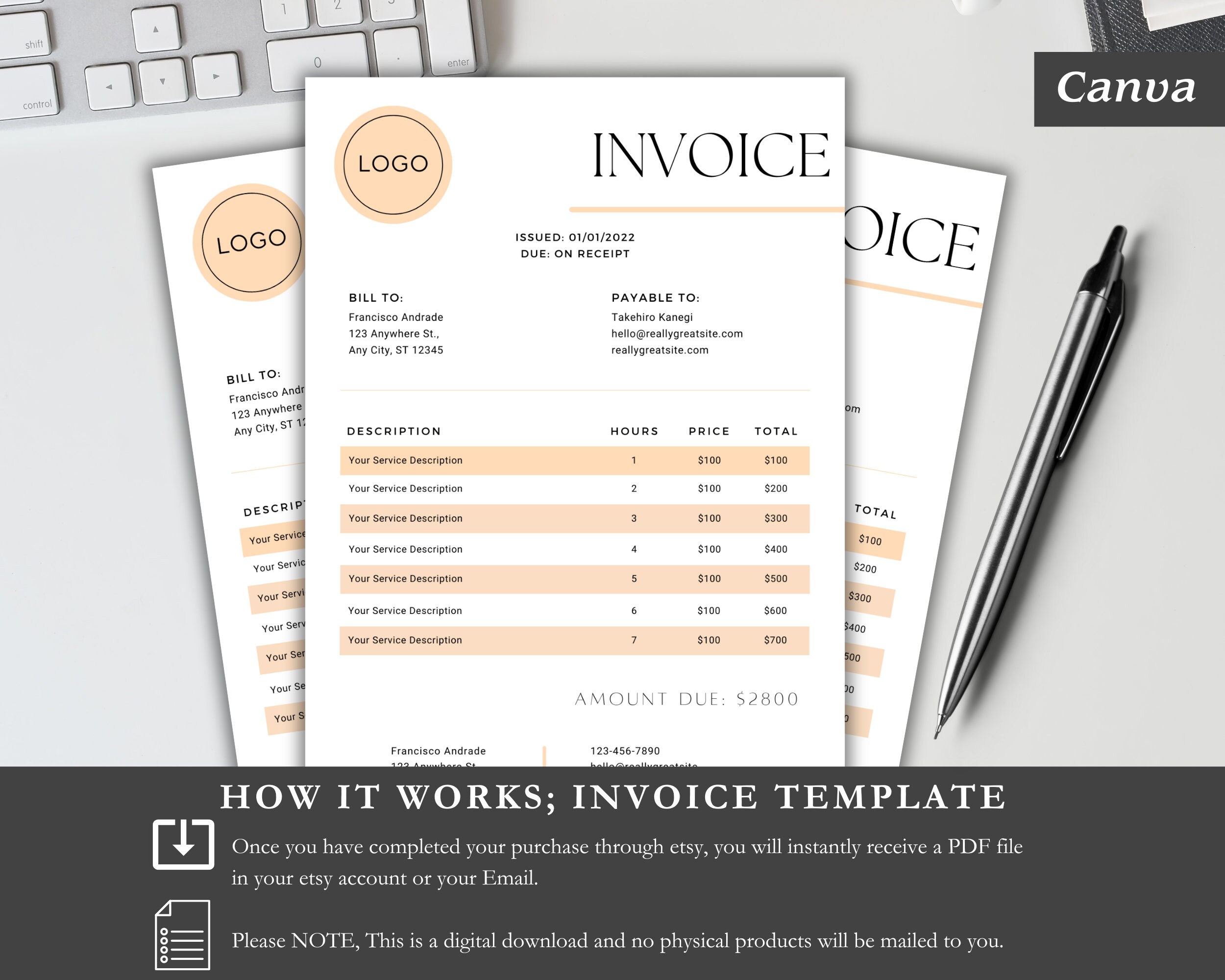 Classic Invoice Template, Fillable Business Receipt, Easy-to-use ...