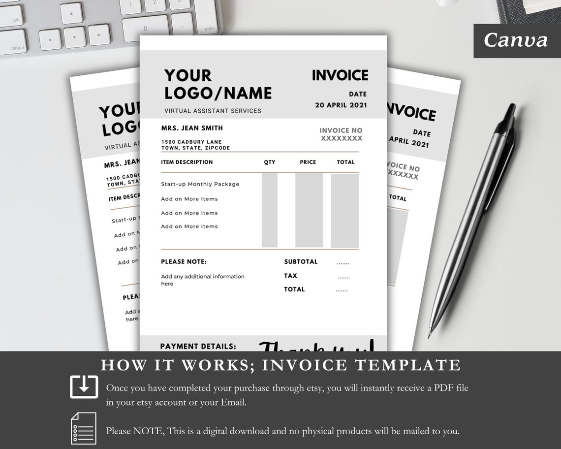 VIRTUAL ASSISTANT Invoice Template, Small Business Templates, Editable ...