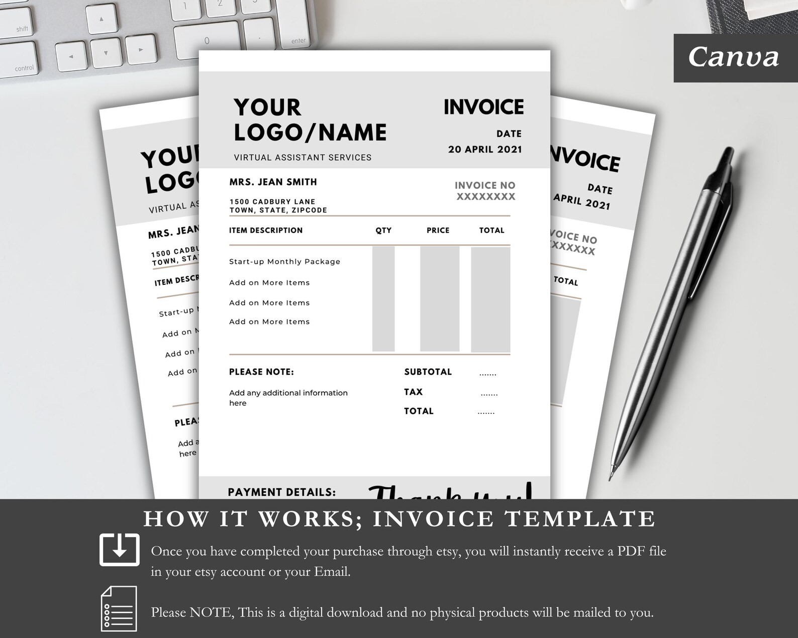 VIRTUAL ASSISTANT Invoice Template, Small Business Templates, Editable ...