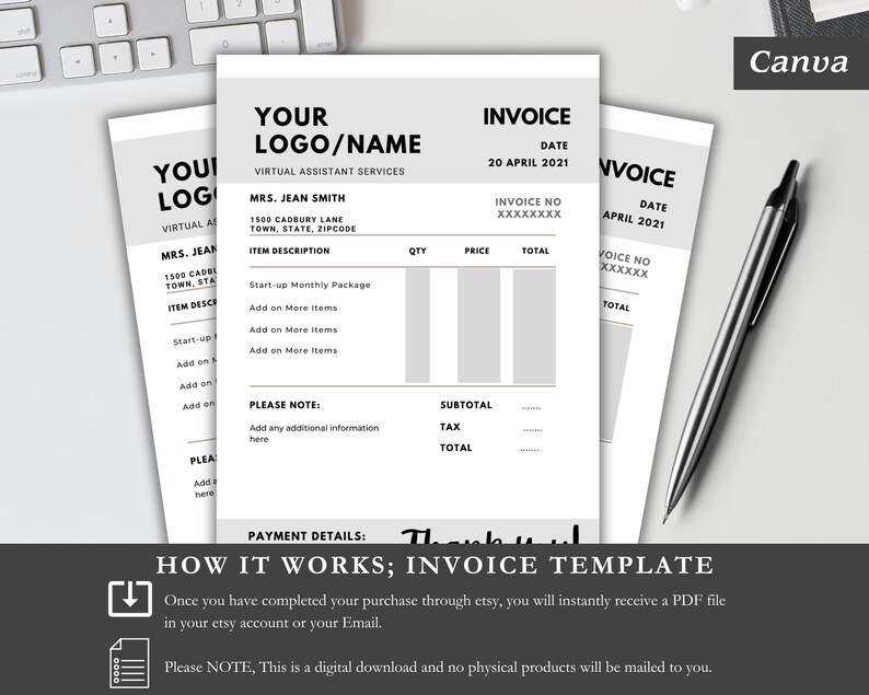 VIRTUAL ASSISTANT Invoice Template, Small Business Templates, Editable ...