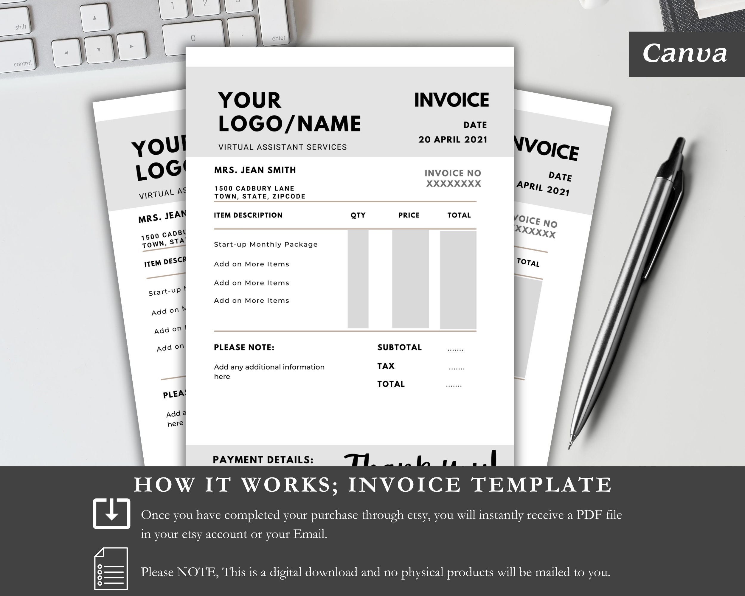 VIRTUAL ASSISTANT Invoice Template, Small Business Templates, Editable ...