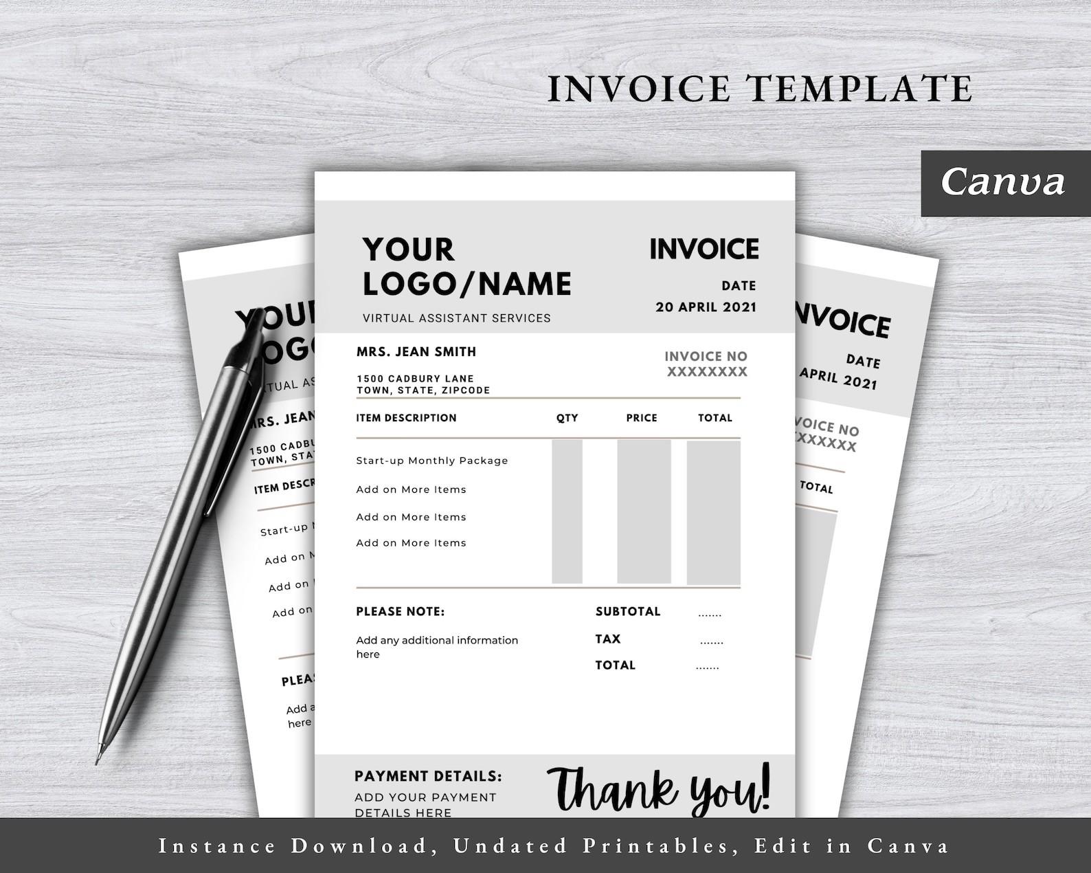 VIRTUAL ASSISTANT Invoice Template, Small Business Templates, Editable ...