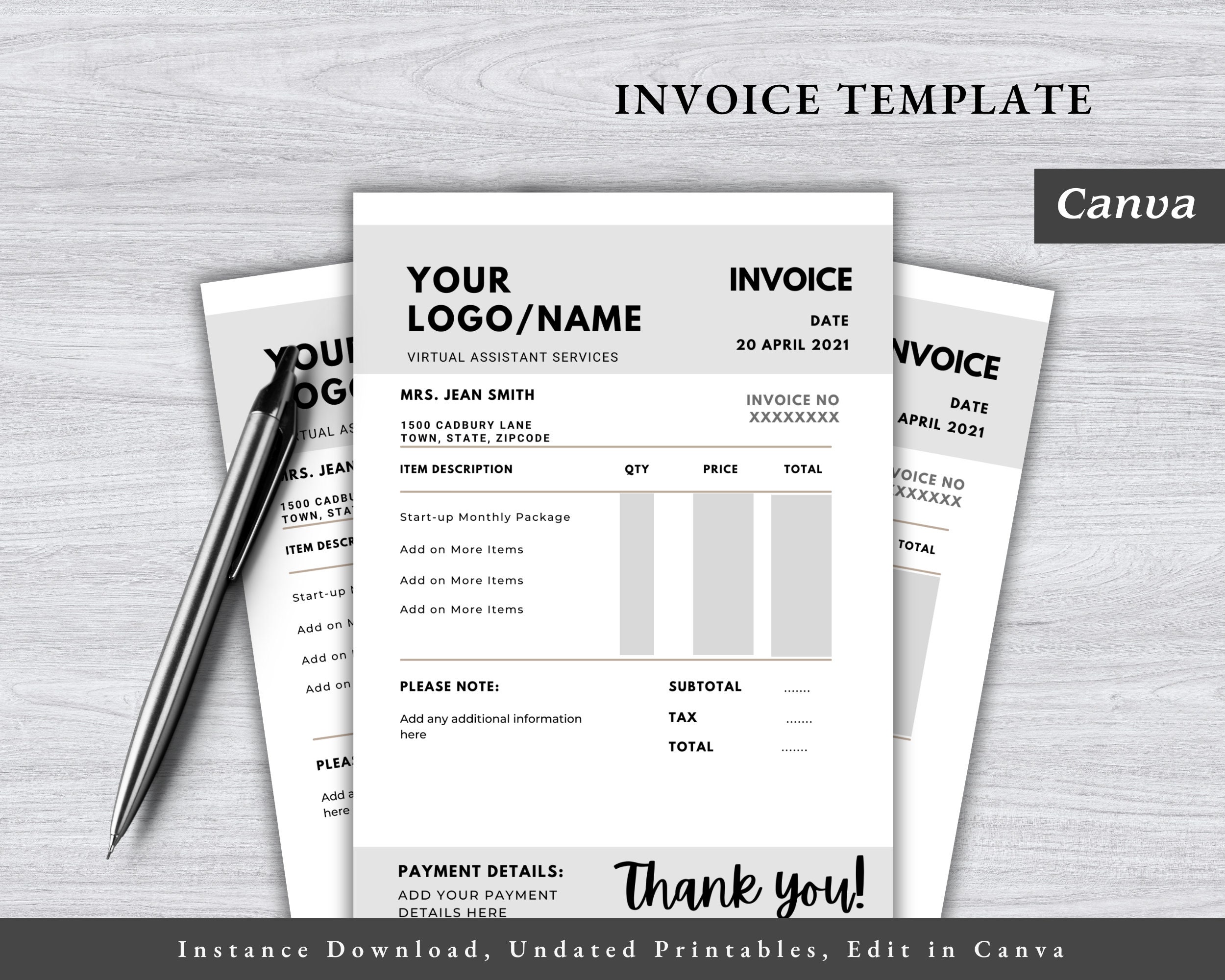 VIRTUAL ASSISTANT Invoice Template, Small Business Templates, Editable ...