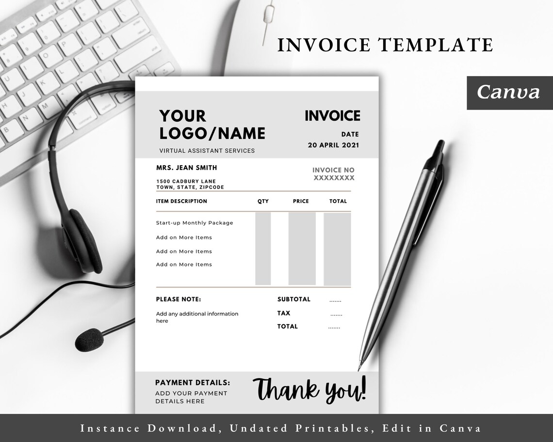 VIRTUAL ASSISTANT Invoice Template, Small Business Templates, Editable ...