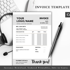 VIRTUAL ASSISTANT Invoice Template, Small Business Templates, Editable ...