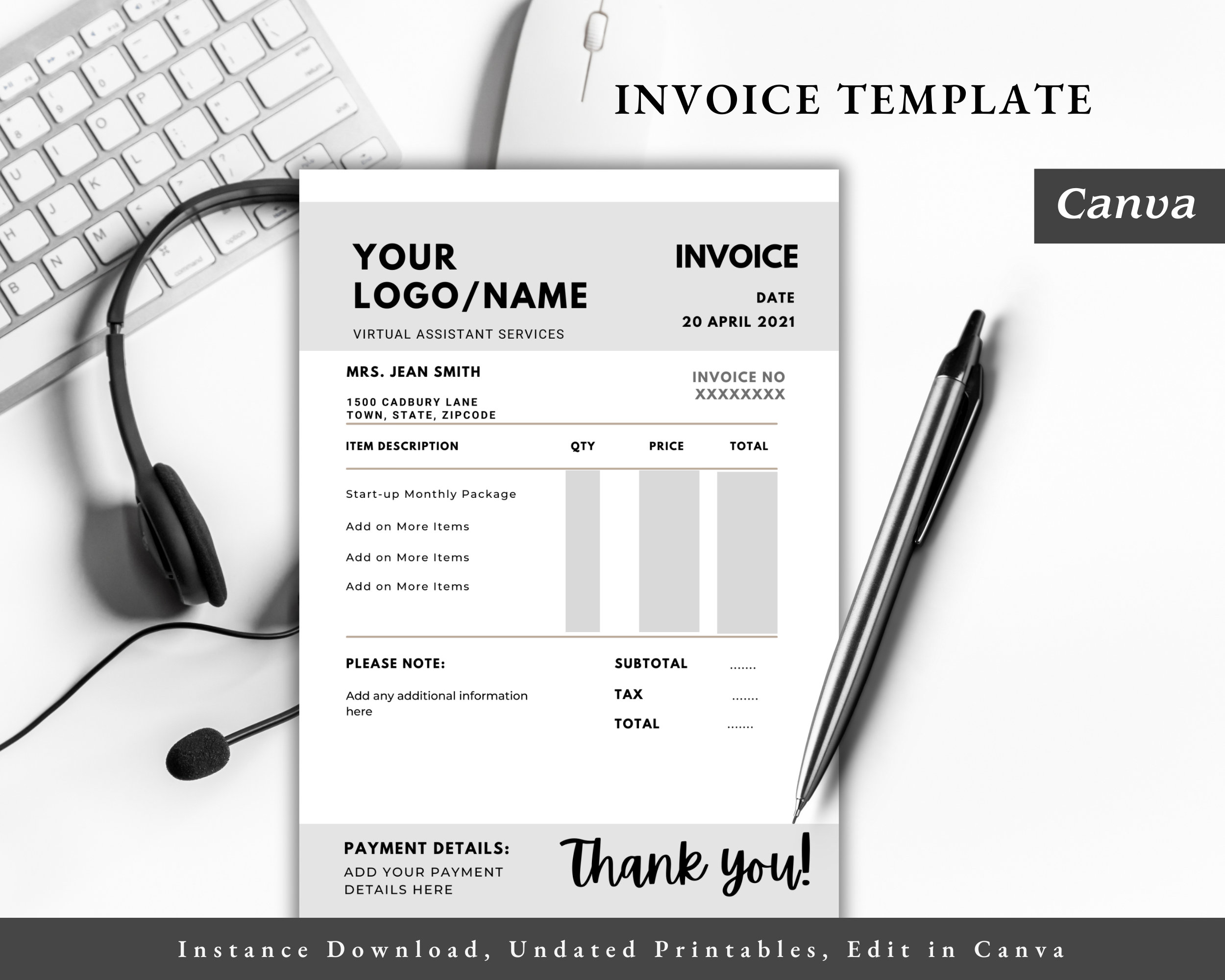 VIRTUAL ASSISTANT Invoice Template, Small Business Templates, Editable ...