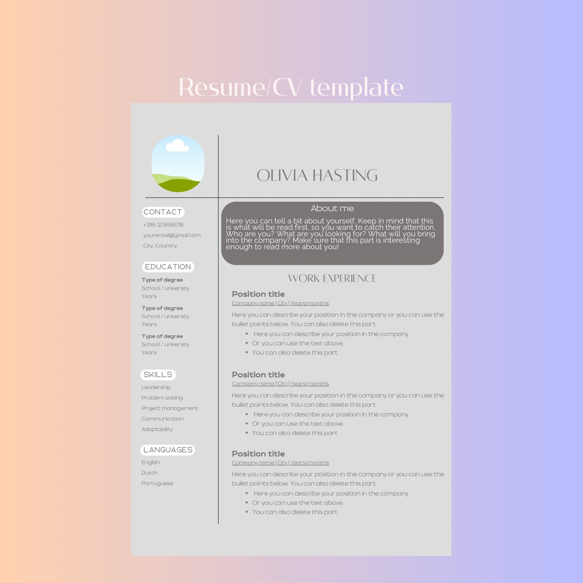 Resume Template, CV Form, Job Application Document, Download and Edit ...