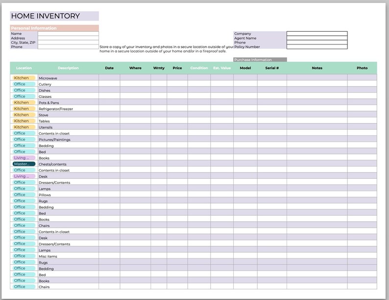 Home Inventory Tracker Spreadsheet: Excel, Google Sheets, PDF (digital ...
