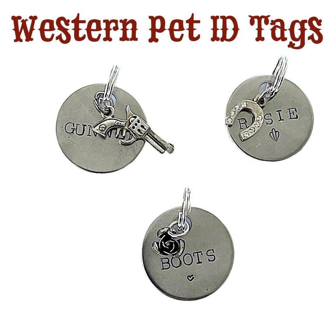 Dog ID Tags W/ Western Cowboy Charms, Hand Stamped 1 Pet ID Tags ...