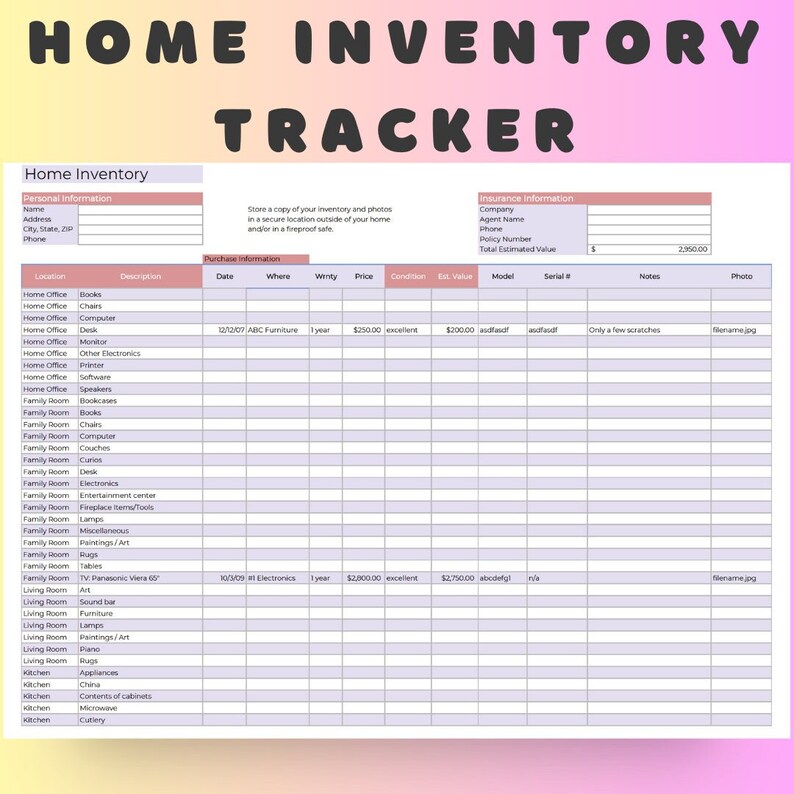 Home Inventory Tracker Spreadsheet: Excel, Google Sheets, PDF (digital ...