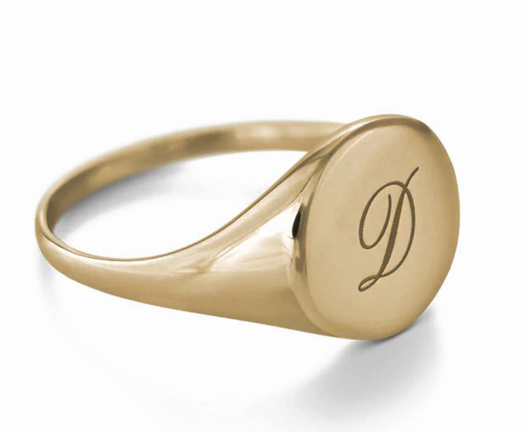Round Gold Signet Ring - Custom Engraved Gold Vermeil Signet Ring - Engraved Initial and ...