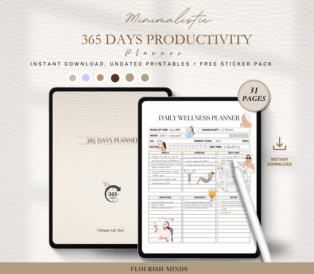 365 Days Planner | Daily Productivity, Goal Setting Journal | Printable ...