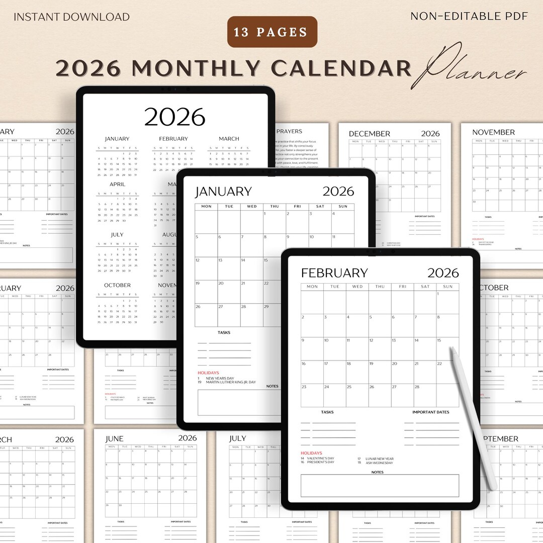 2026 Monthly Calendar Printable & Fillable, 2026 Monthly Planner ...
