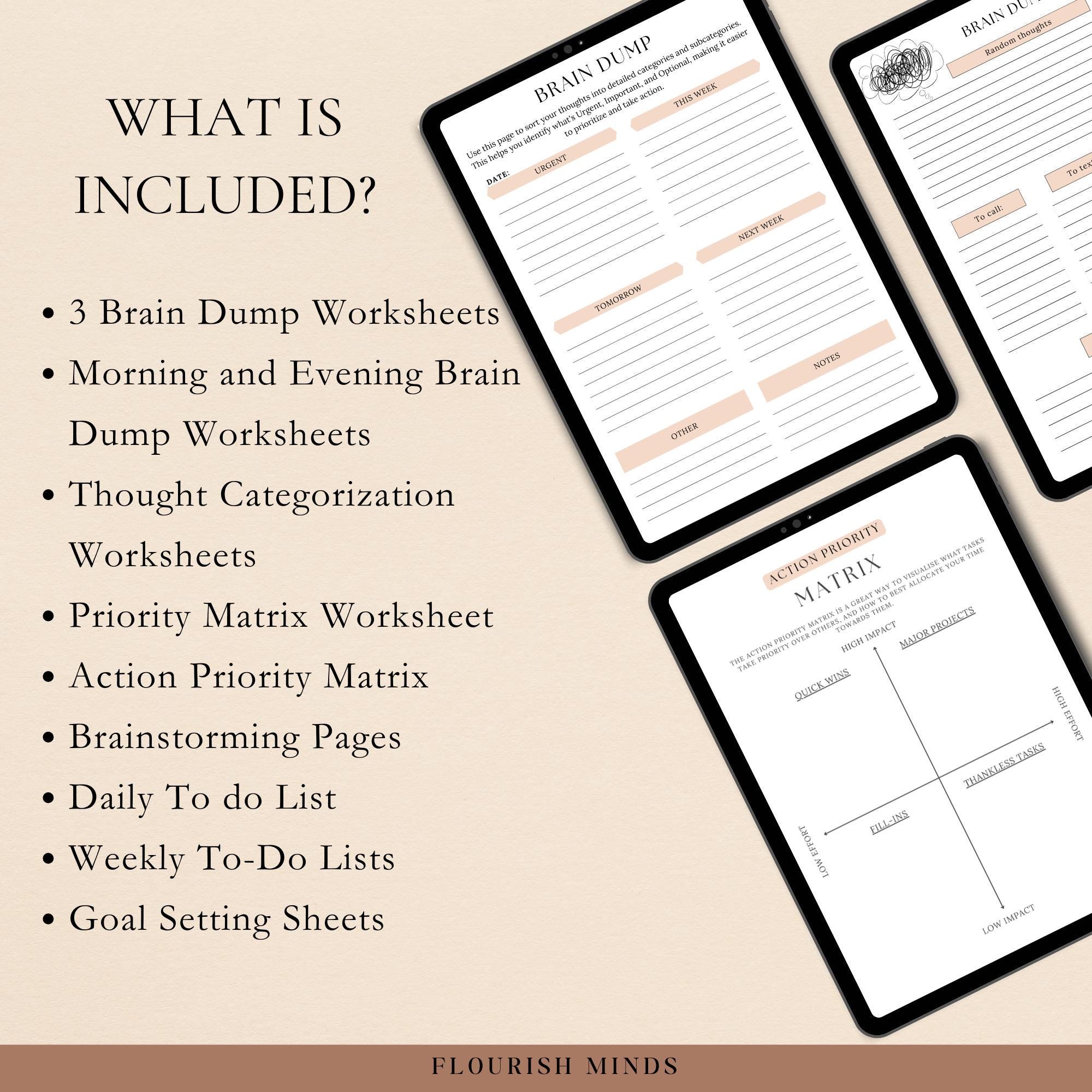 Brain Dump Worksheets, Mental Clarity,priority Matrix,thoughts ...