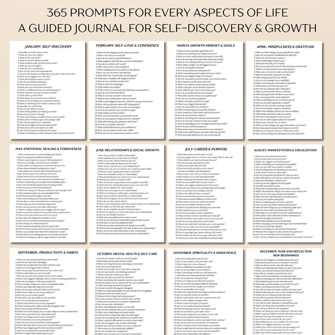 365 Daily Journal Prompts Printable Bundle for Self Care, Mental Health ...