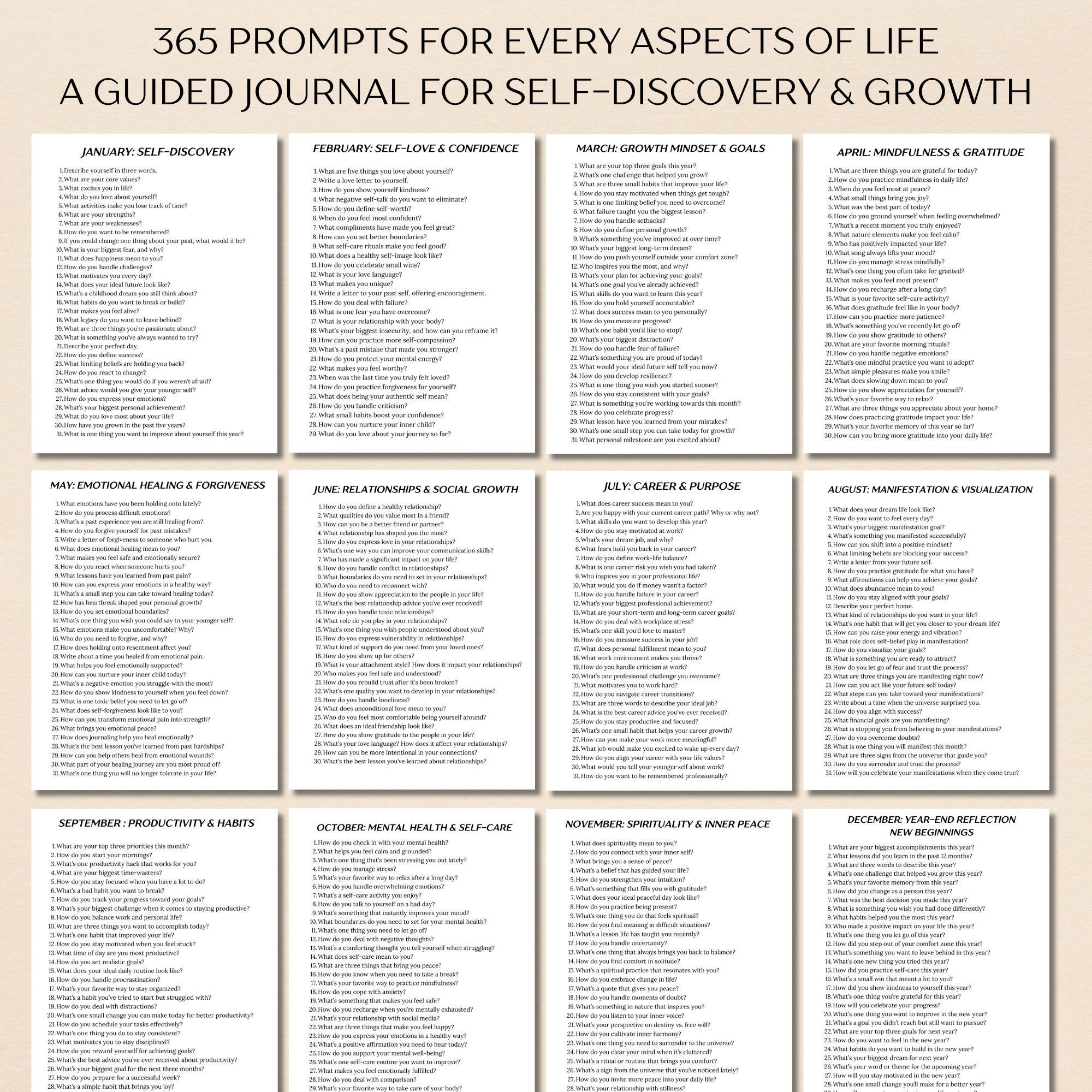 365 Daily Journal Prompts Printable Bundle for Self Care, Mental Health ...