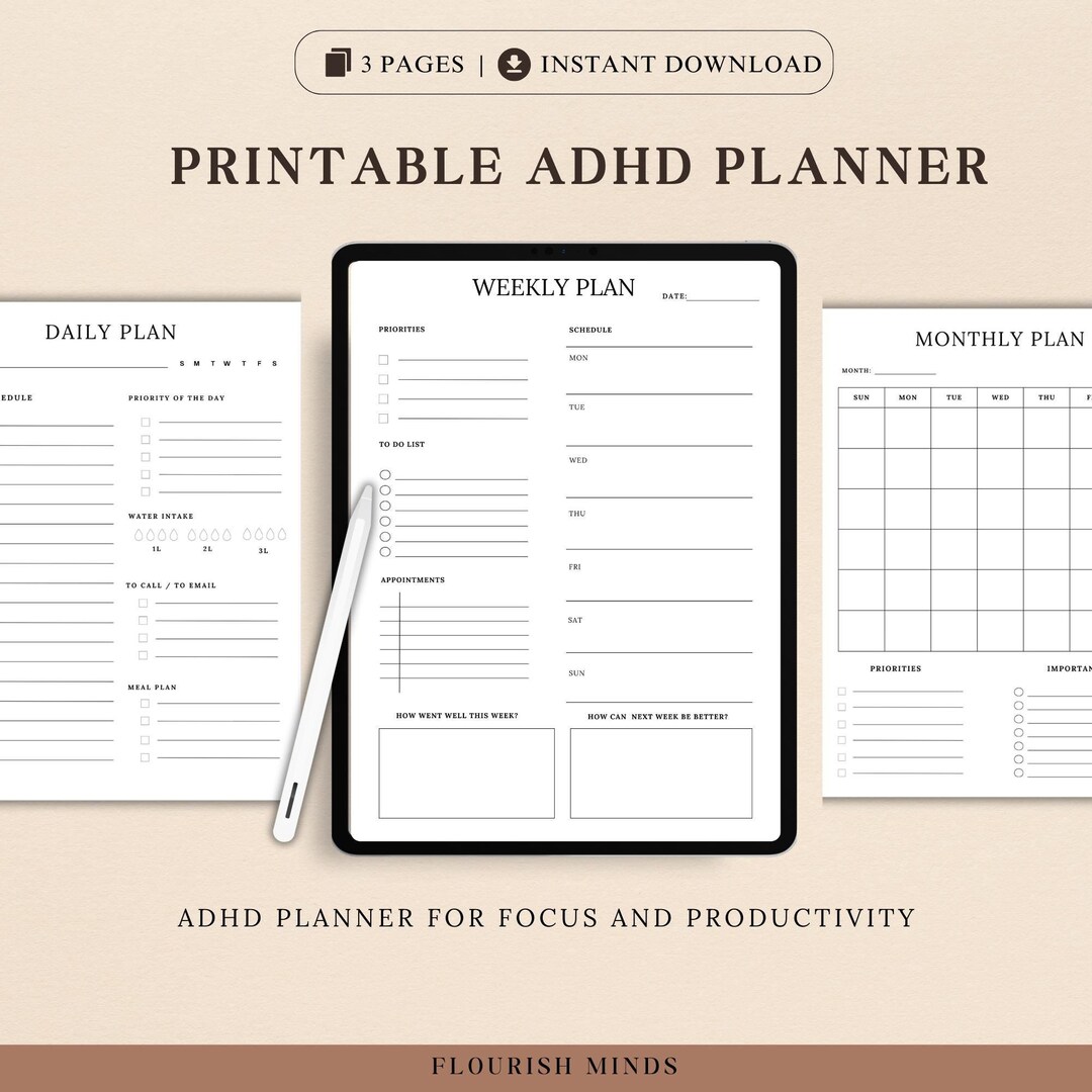 ADHD Planner Printable Set,daily Planner,weekly Planner,monthly Planner ...