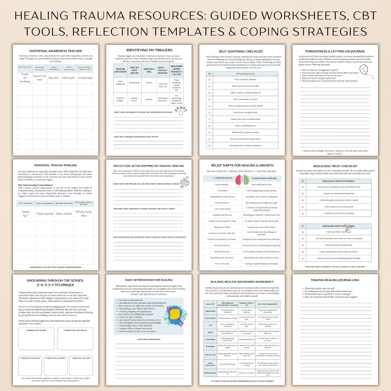 Trauma Therapy Worksheets, Printable Mental Health Tools for Healing ...