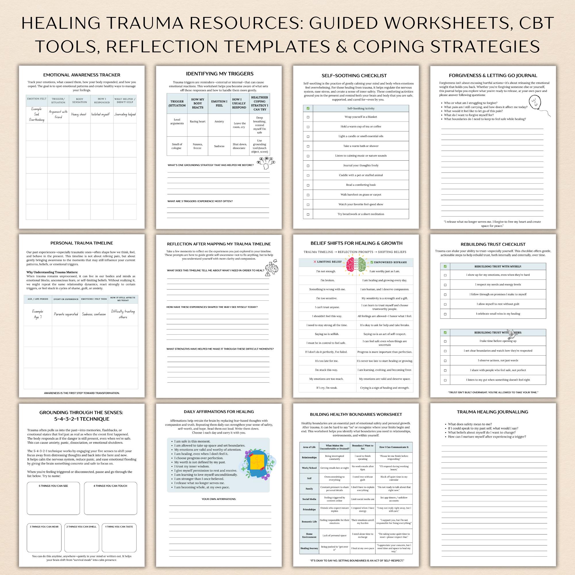 Trauma Therapy Worksheets, Printable Mental Health Tools for Healing ...