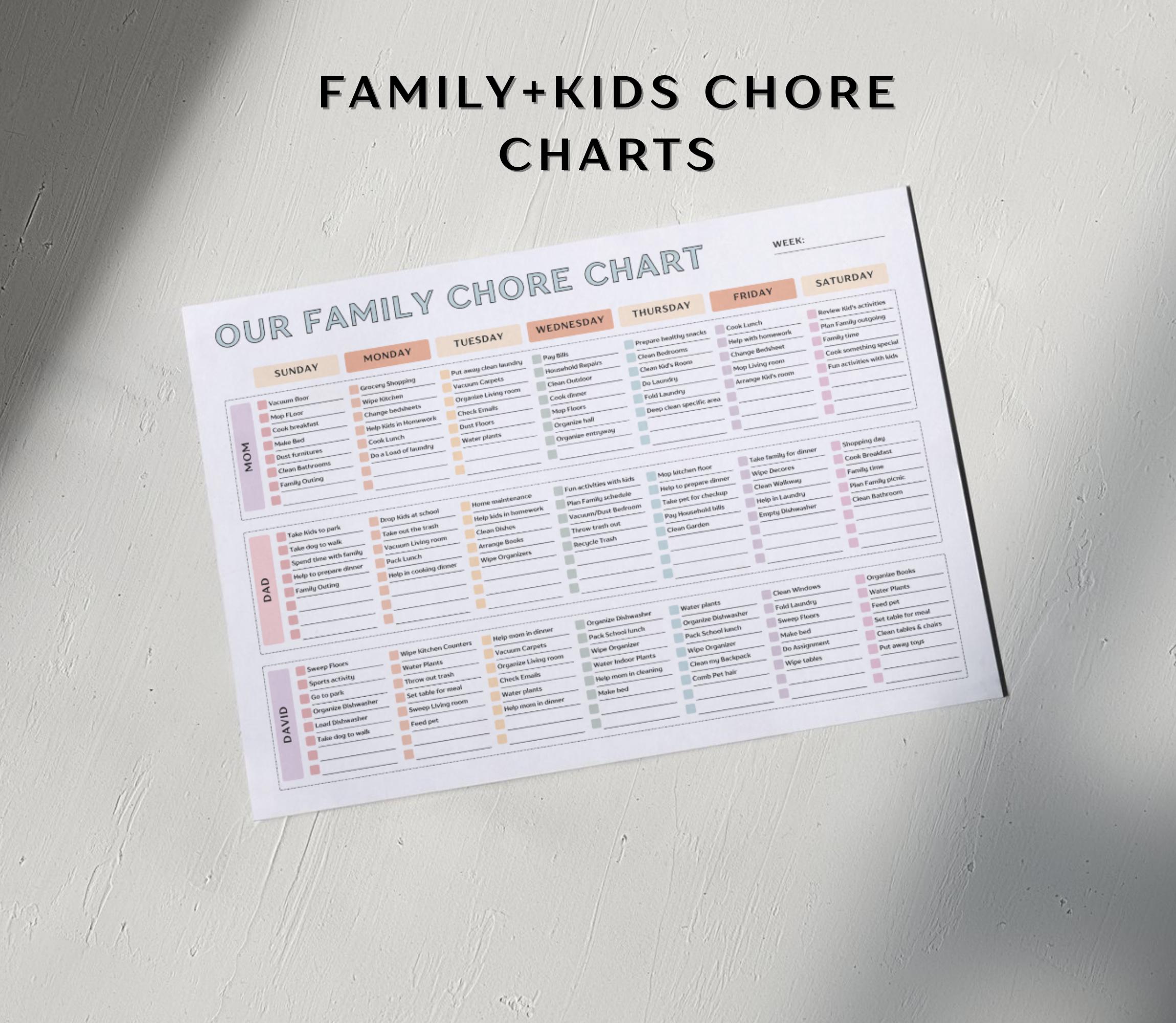 Editable Family Chore Chart, Kids Daily Weekly Responsibility Chart ...