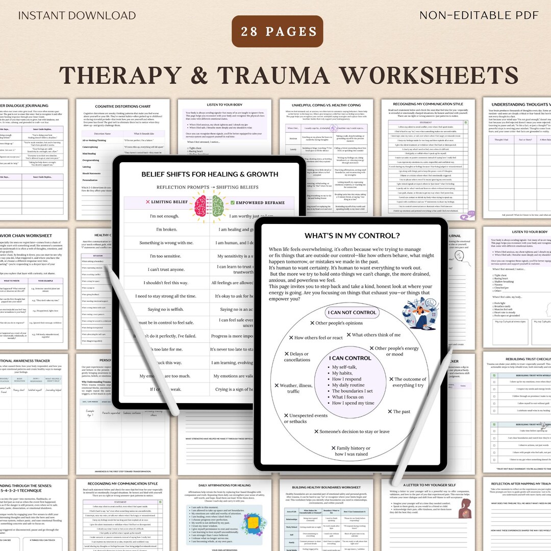 Trauma Therapy Worksheets, Printable Mental Health Tools for Healing ...