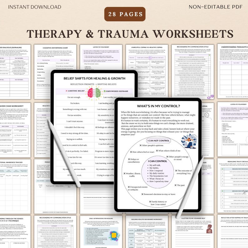 Trauma Therapy Worksheets, Printable Mental Health Tools for Healing ...