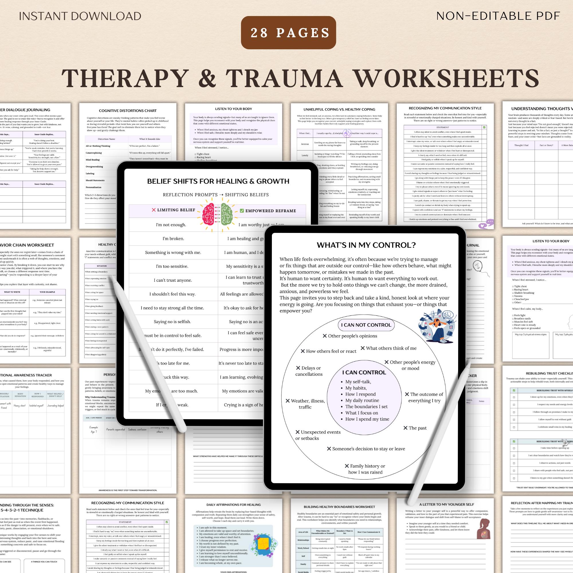 Trauma Therapy Worksheets, Printable Mental Health Tools for Healing ...