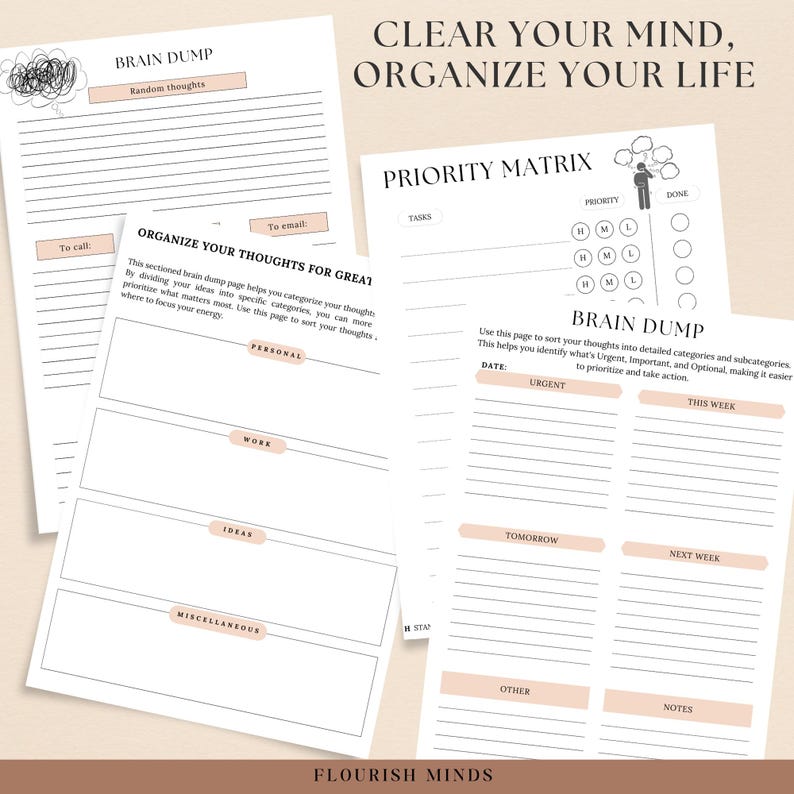 Brain Dump Worksheets, Mental Clarity,priority Matrix,thoughts ...
