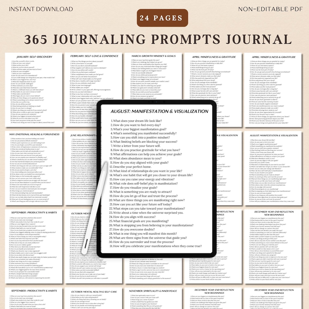 365 Daily Journal Prompts Printable Bundle for Self Care, Mental Health ...