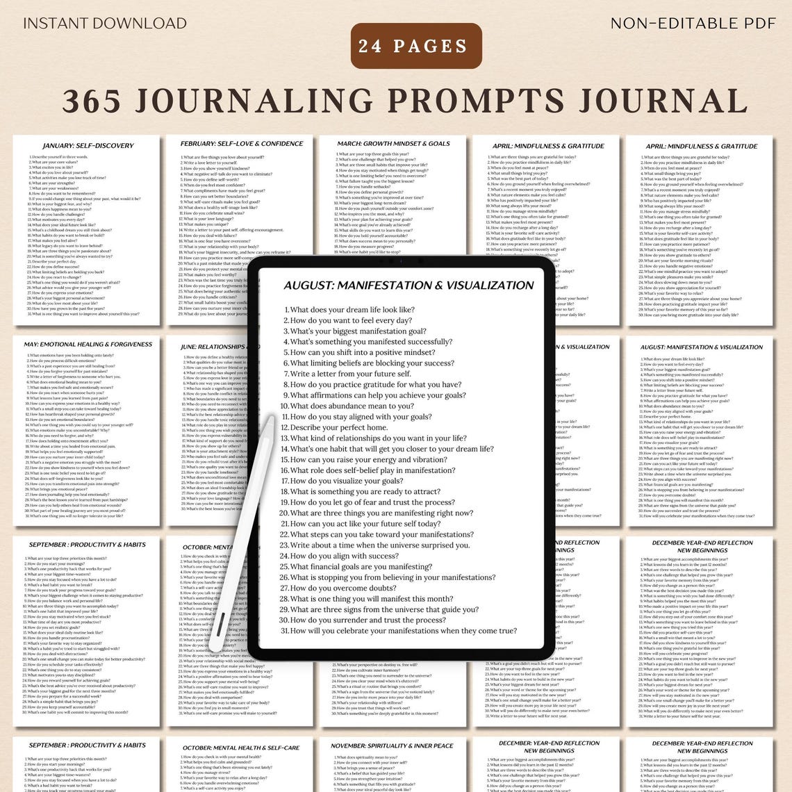 365 Daily Journal Prompts Printable Bundle for Self Care, Mental Health ...