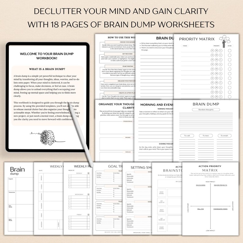 ADHD Brain Dump Workbook, Mental Clarity, Priority Matrix, Mental ...