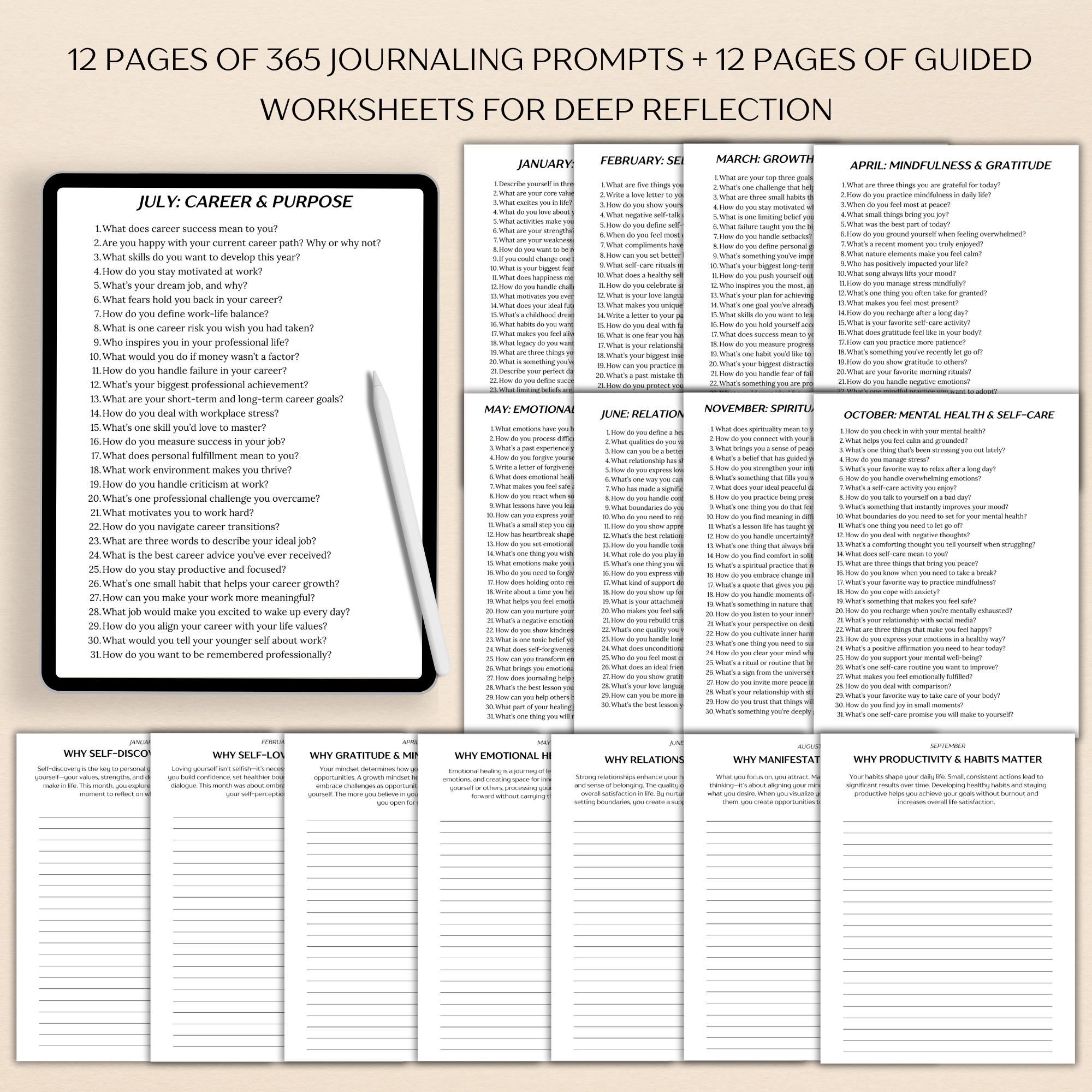 365 Daily Journal Prompts Printable Bundle for Self Care, Mental Health ...