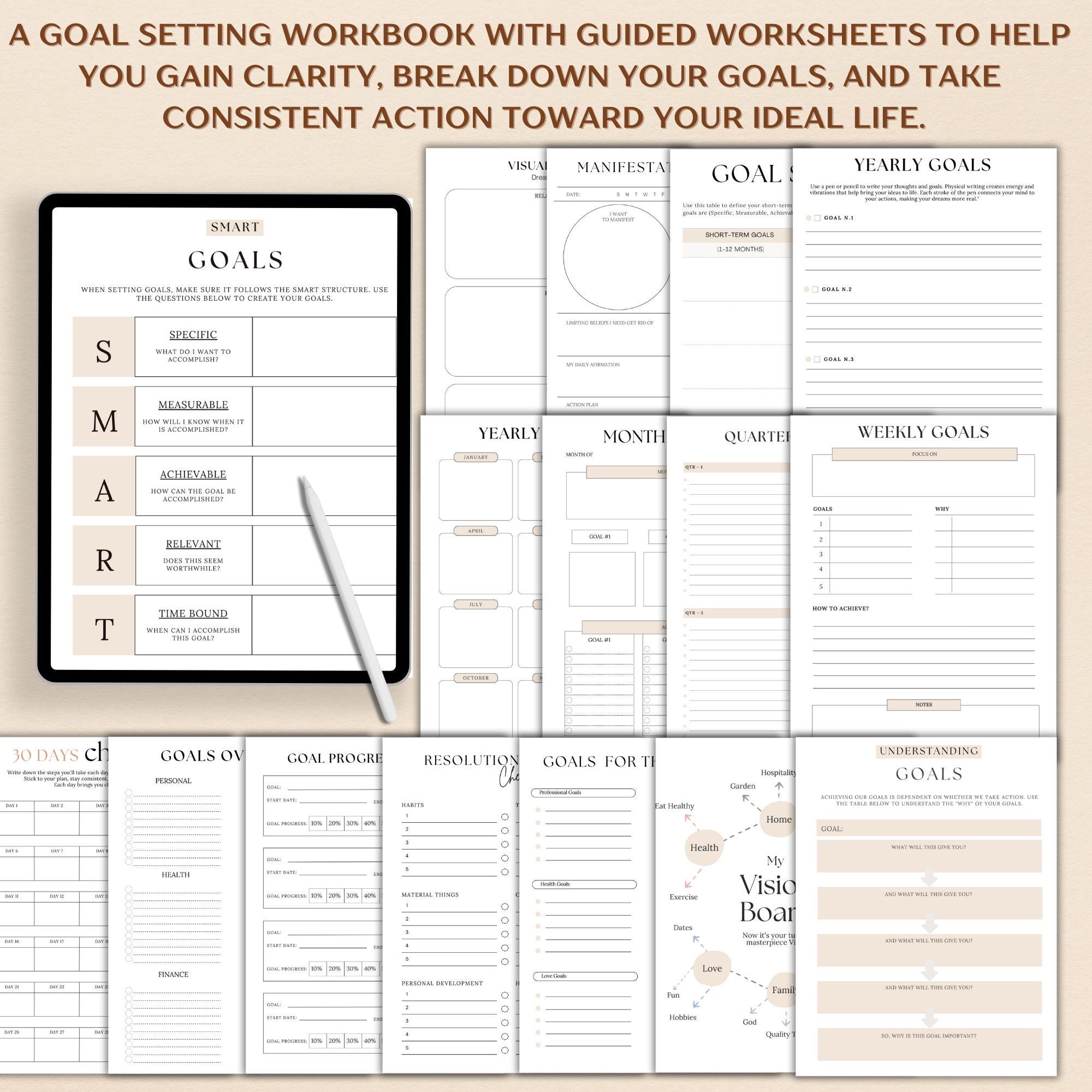 Goal Setting Workbook Printable, SMART Goal Setting Kit, Vision Board ...