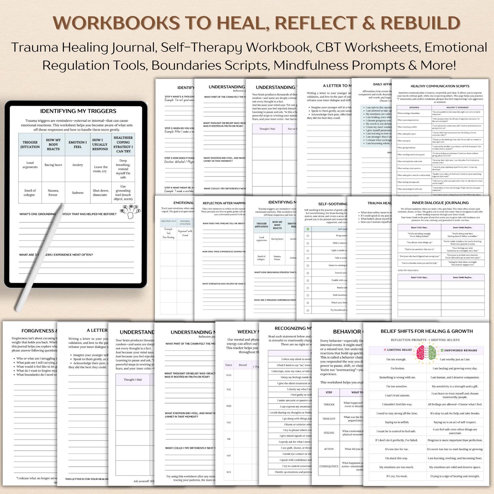 Trauma Therapy Worksheets, Printable Mental Health Tools for Healing ...