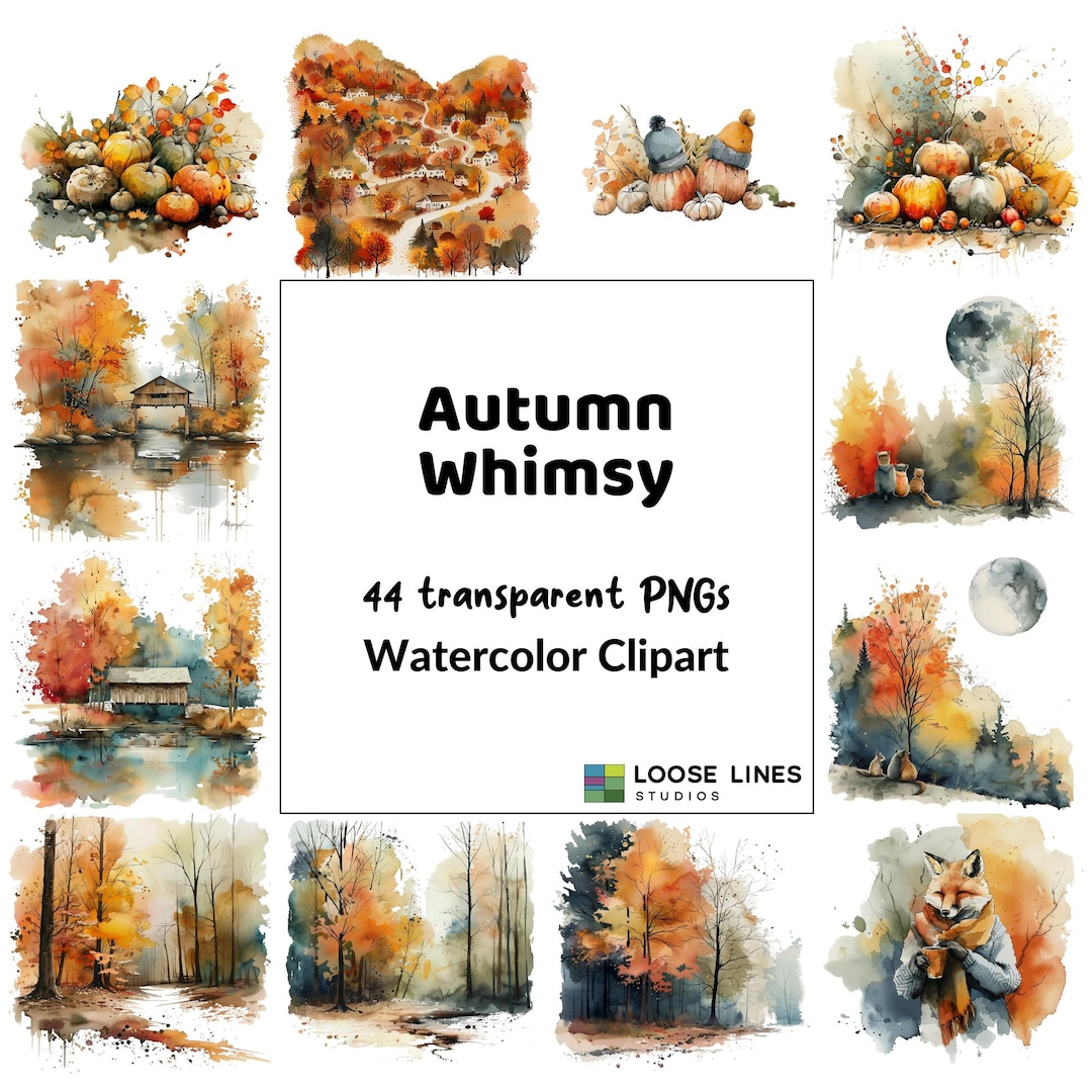 Whimsical Autumn Clipart: Fall Watercolor Leaves, Twigs Pumpkin Pie PNG ...